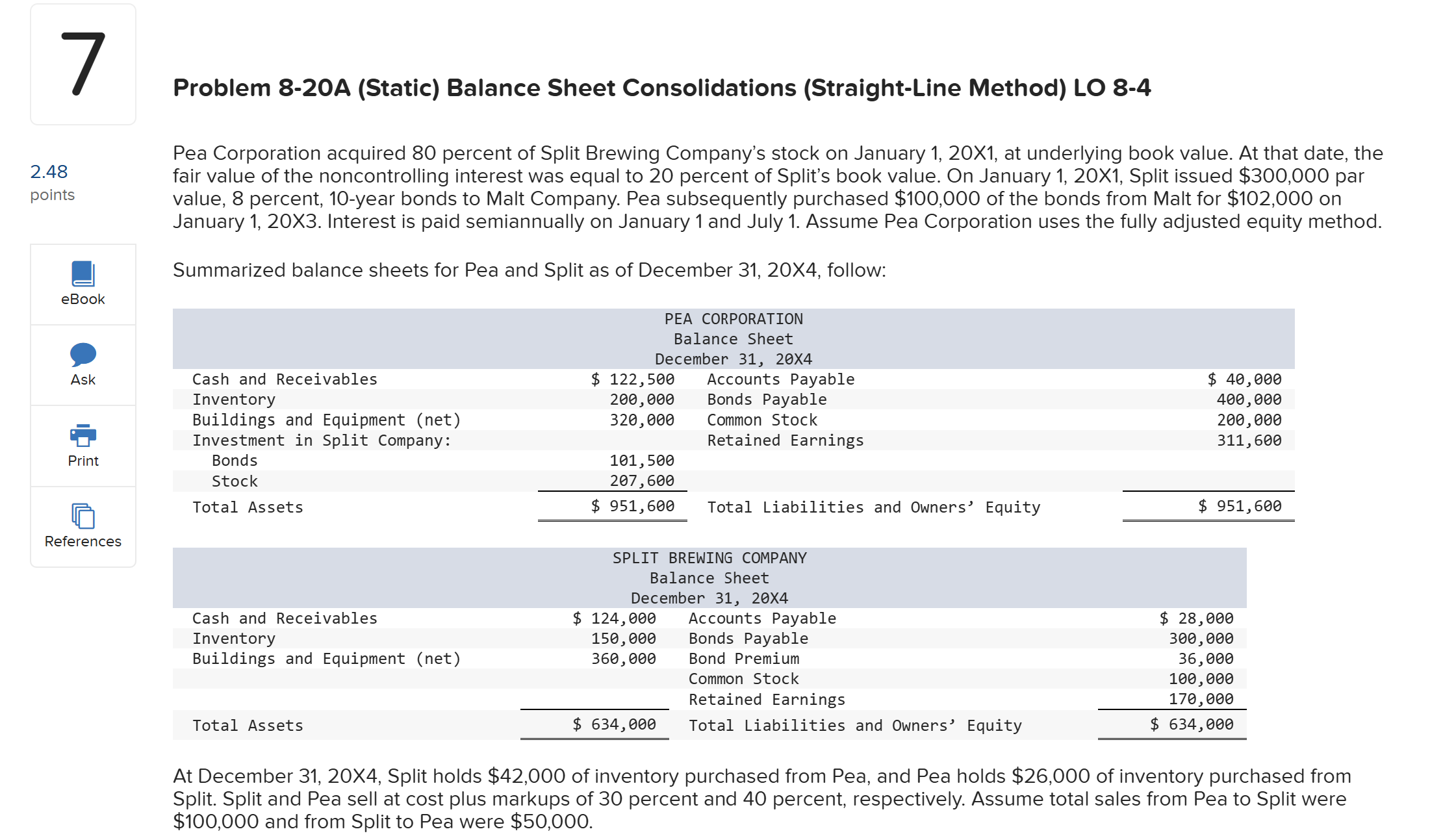 Solved Problem 8-20A (Static) ﻿Balance Sheet Consolidations | Chegg.com