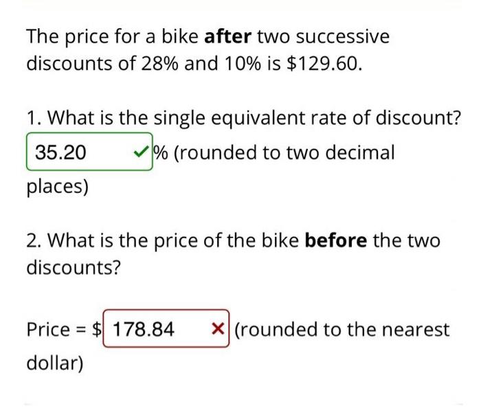 Solved The price for a bike after two successive discounts | Chegg.com