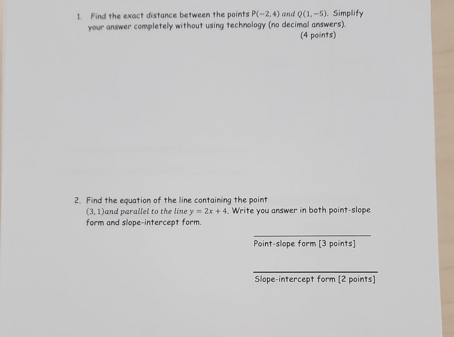 Solved 1. Find the exact distance between the points P(−2,4) | Chegg.com