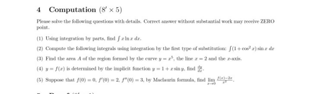 Solved 4 Computation (8′×5) Please solve the following | Chegg.com