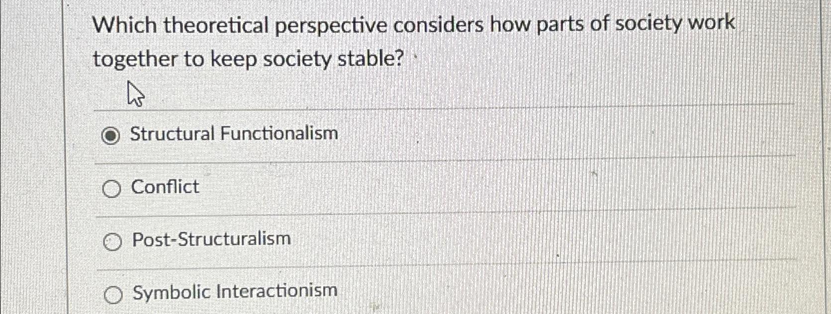 Solved Which theoretical perspective considers how parts of | Chegg.com