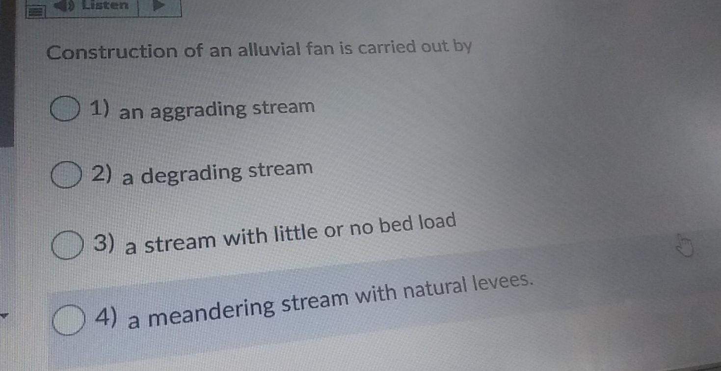 Solved Construction of an alluvial fan is carried out by 1) | Chegg.com