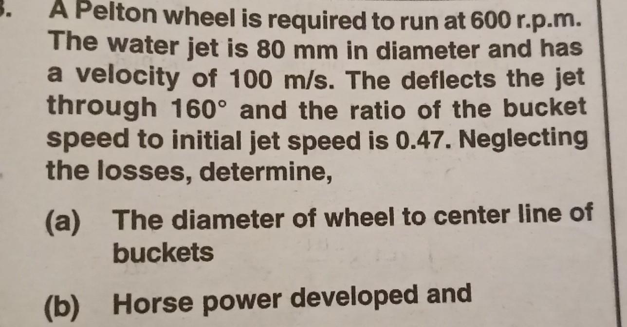 Solved A Pelton wheel is required to run at 600 r.p.m. The | Chegg.com