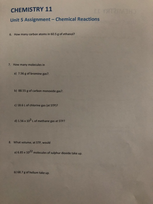 Solved CHEMISTRY 11 Unit 5 Assignment - Chemical Reactions | Chegg.com