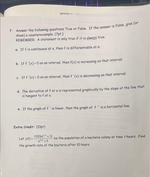 Solved Section 7 Answer The Following Questions True Or