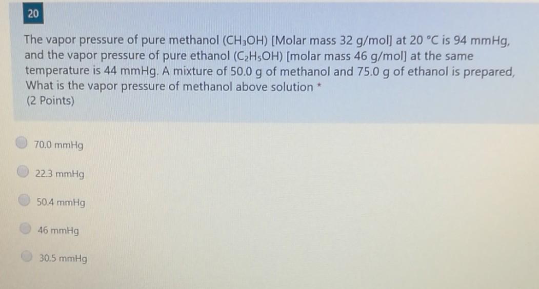 Solved 20 The vapor pressure of pure methanol (CH3OH) [Molar | Chegg.com
