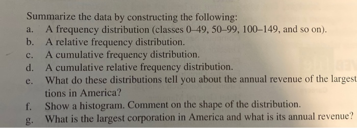 Solved Summarize the data by constructing the following: a. | Chegg.com