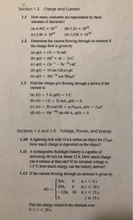 Solved Section 1.3 Charge and Current 1.1 How many coulombs | Chegg.com