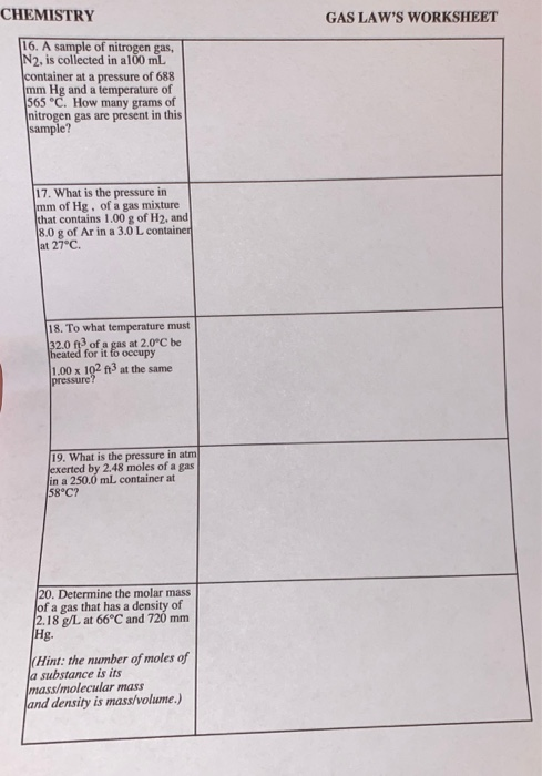 Solved CHEMISTRY GAS LAW'S WORKSHEET 1. Convert the | Chegg.com