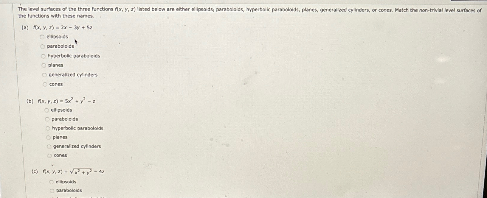 Solved The level surfaces of the three functions f(x,y,z) | Chegg.com