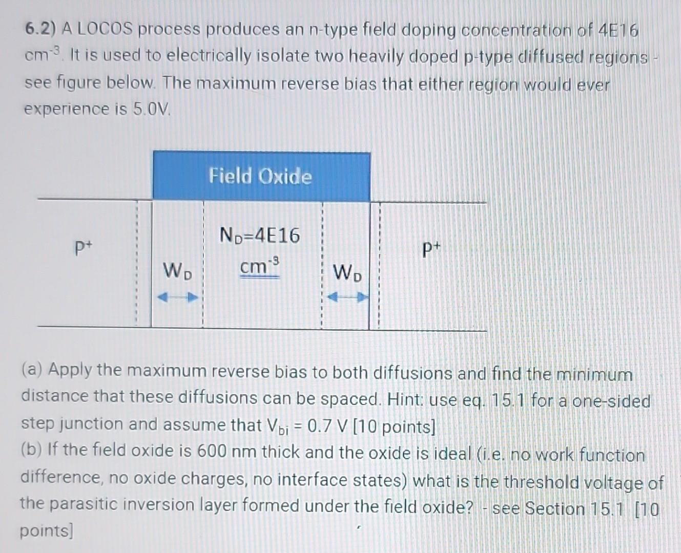 Solved 6.2) A LOCOS process produces an n-type field doping | Chegg.com