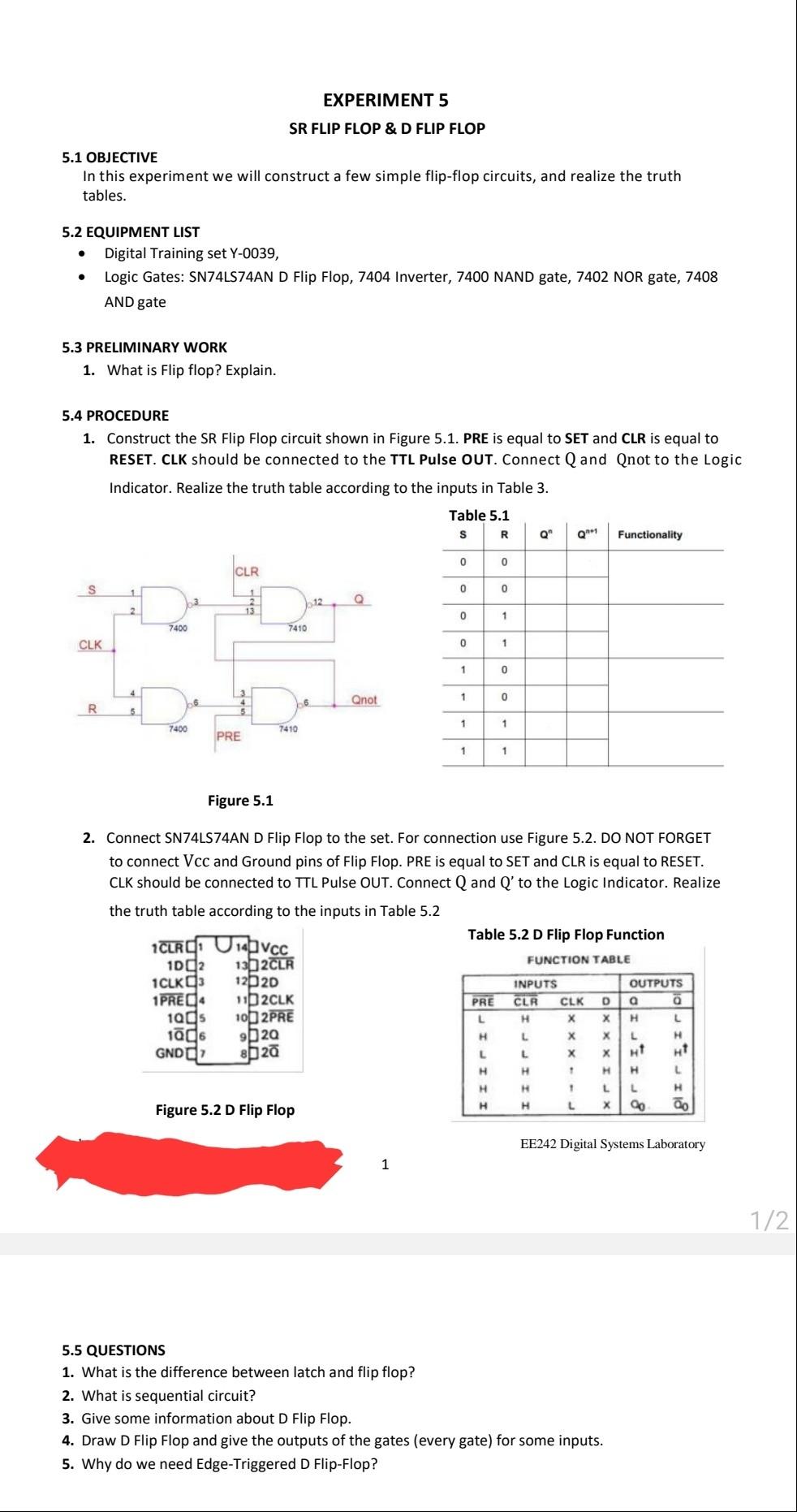 Solved EXPERIMENT 5 SR FLIP FLOP & D FLIP FLOP 5.1 OBJECTIVE | Chegg.com