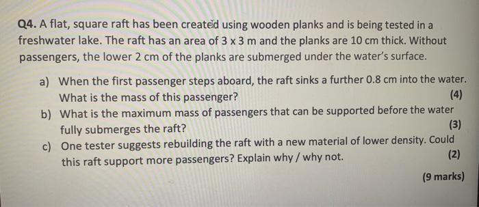 Solved Q4. A flat, square raft has been created using wooden | Chegg.com
