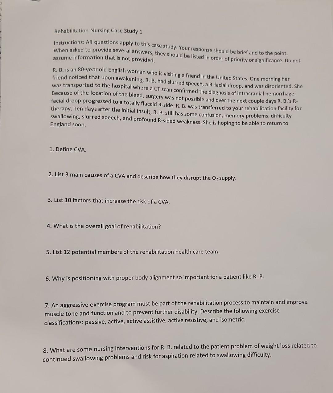Solved Rehabilitation Nursing Case Study 1 Instructions: All | Chegg.com