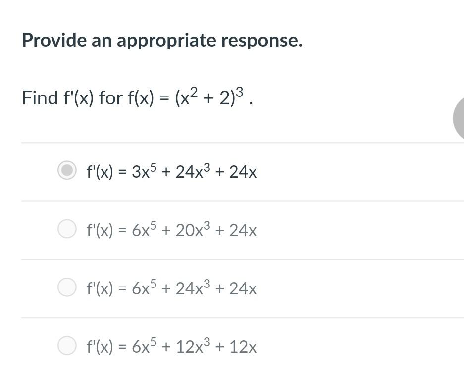 Solved Provide an appropriate response. Find f′(x) for | Chegg.com