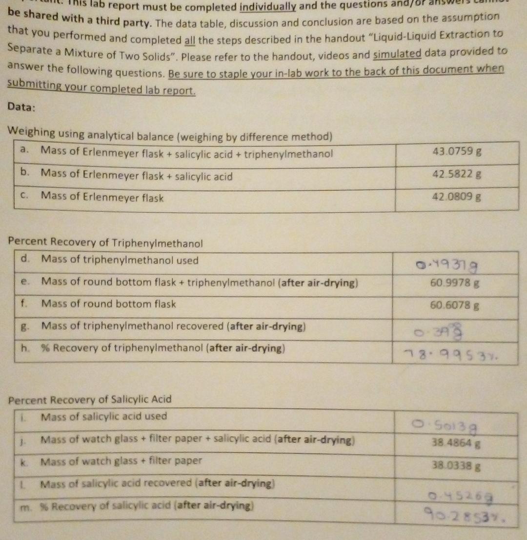 Solved CHEM 210 Lab Report - Liquid-Liquid Extraction to | Chegg.com