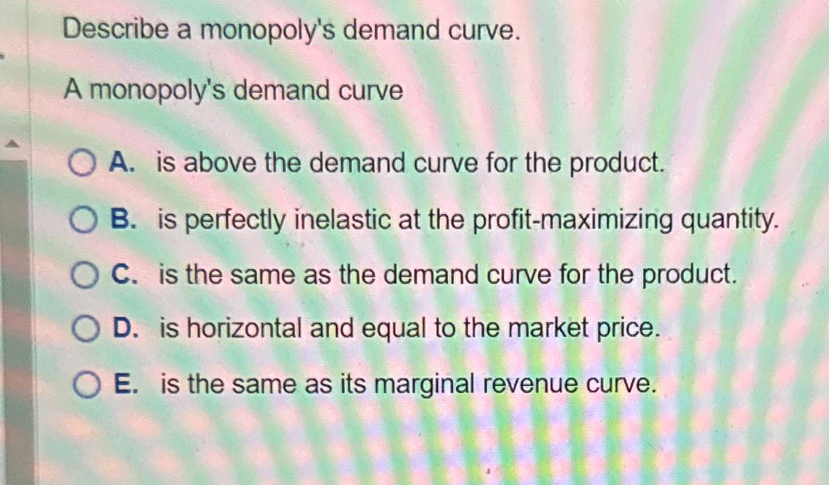 Solved Describe a monopoly's demand curve.A monopoly's | Chegg.com