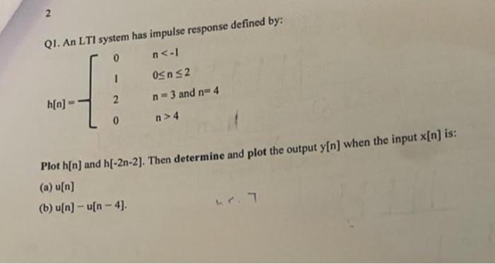Solved 2 Q1. An LTI system has impulse response defined by: | Chegg.com