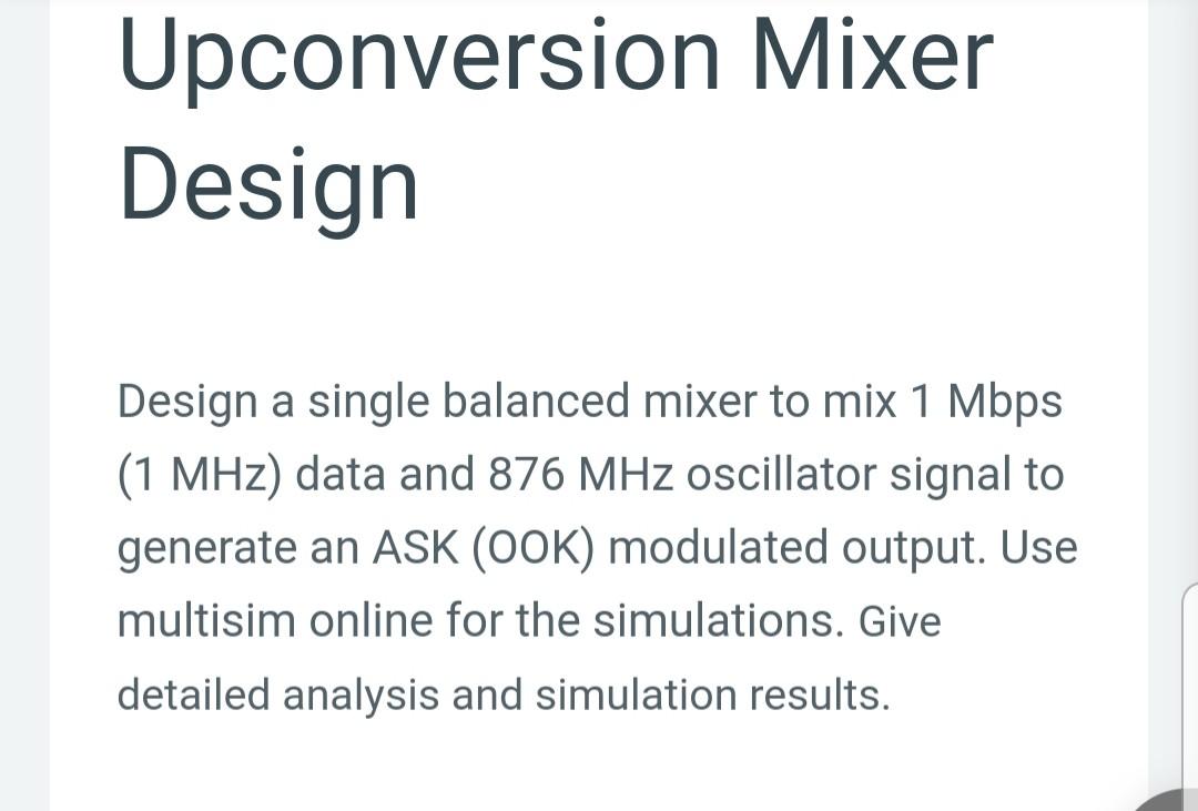 Solved Upconversion Mixer Design Design a single balanced | Chegg.com