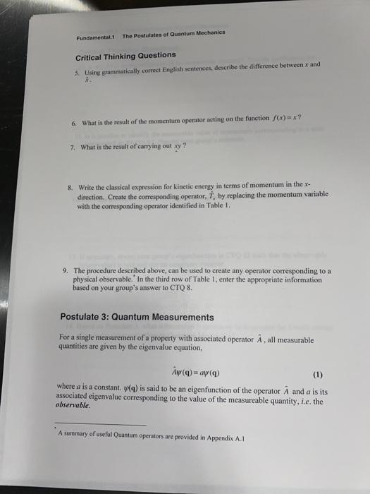 Solved Fundamental, The Postulates of Quantum Mechanics | Chegg.com