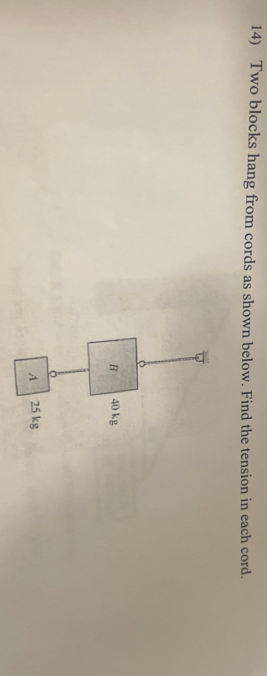 Solved Two blocks hang from cords as shown below. Find the | Chegg.com