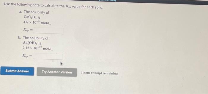 Solved Use the following data to calculate the Ksp value for | Chegg.com