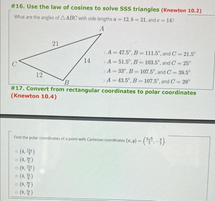 Solved #16. Use the law of cosines to solve SSS triangles | Chegg.com