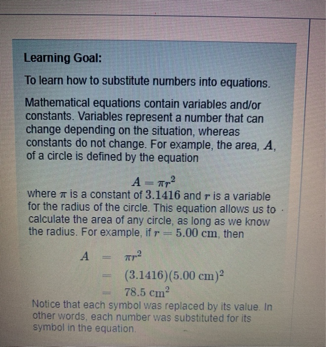 Solved Learning Goal: To learn how to substitute numbers | Chegg.com