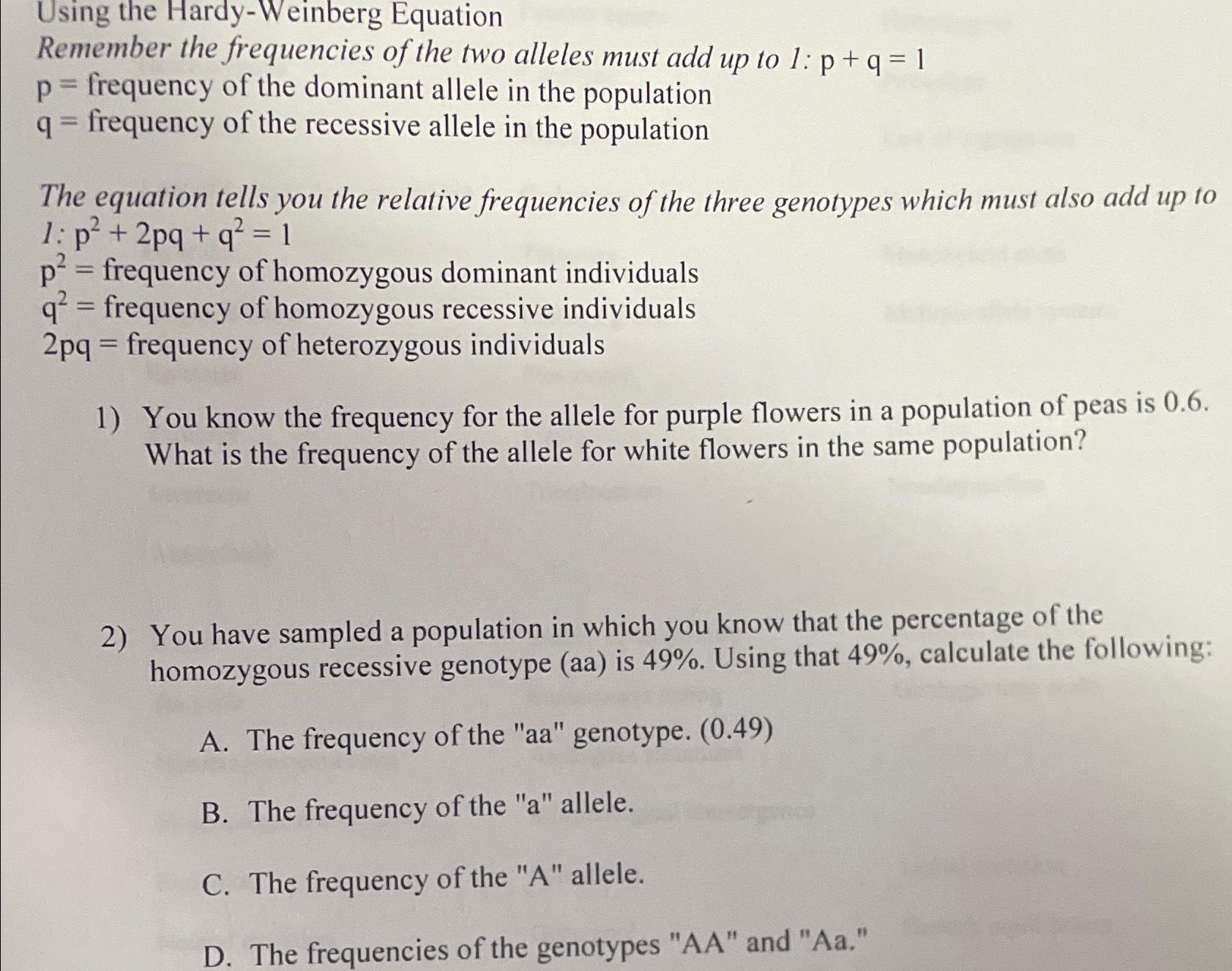 Solved Using the Hardy-Weinberg EquationRemember the | Chegg.com