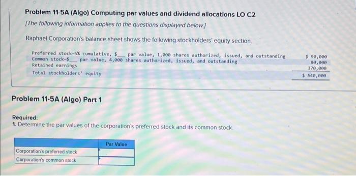 Solved Problem 11-5A (Algo) Computing par values and | Chegg.com