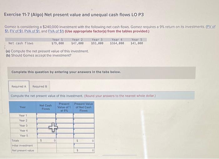 Solved Exercise 11-7 (Algo) Net present value and unequal | Chegg.com