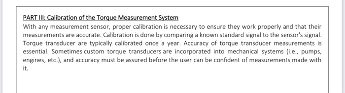 Solved PART III: Calibration of the Torque Measurement | Chegg.com