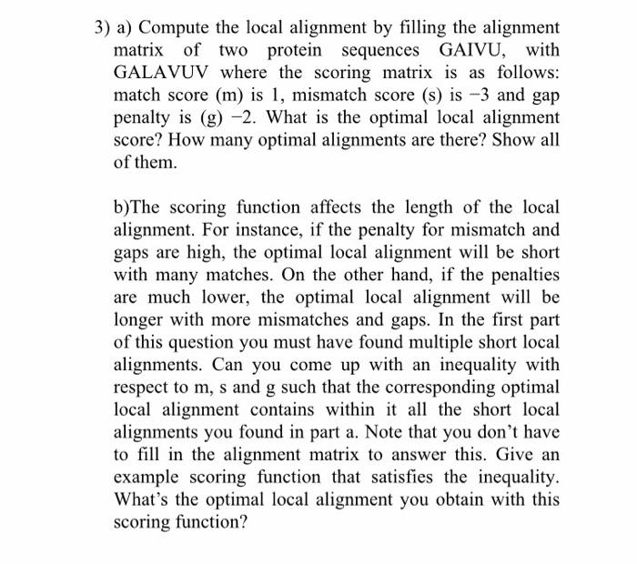 3) a) Compute the local alignment by filling the | Chegg.com