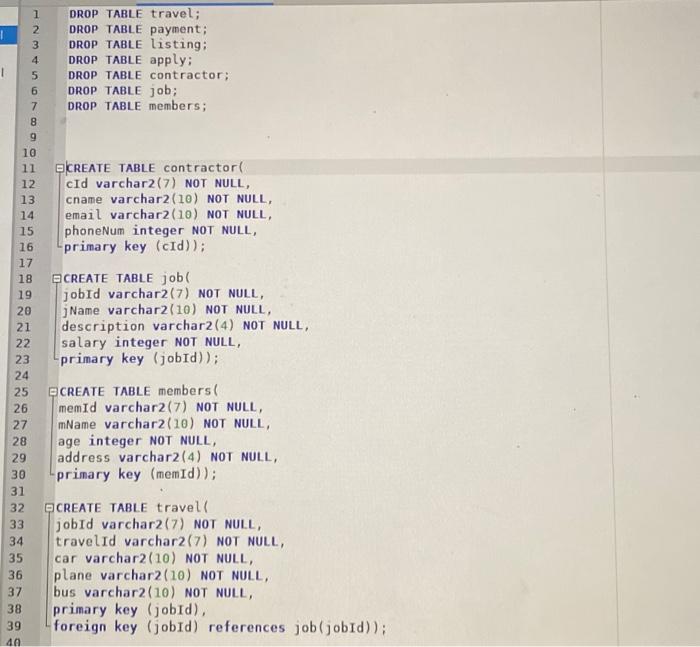 Solved DROP TABLE travel; DROP TABLE payment; DROP TABLE | Chegg.com