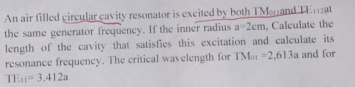 Solved An air filled circular cavity resonator is excited by | Chegg.com
