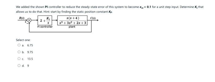 Solved We added the shown PI controller to reduce the | Chegg.com