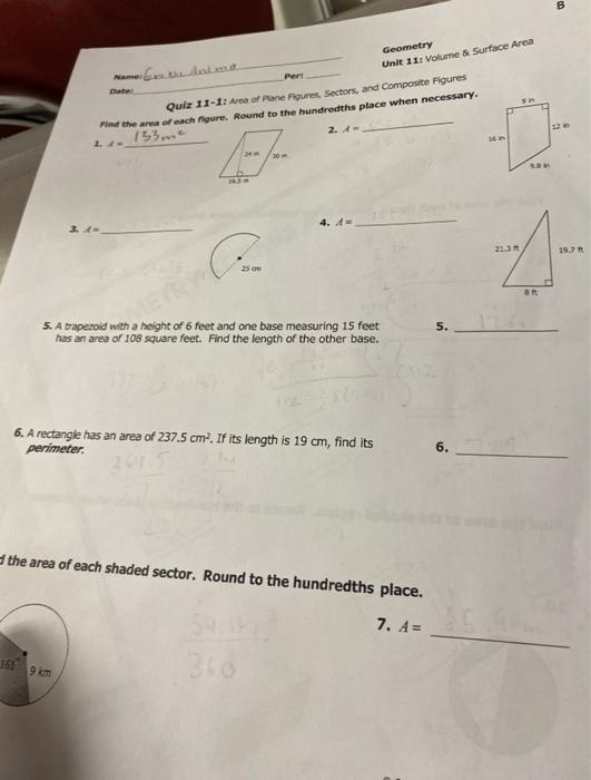 Solved Name "Gaudat me Per Date: Quiz 11-1: Area of Plane | Chegg.com