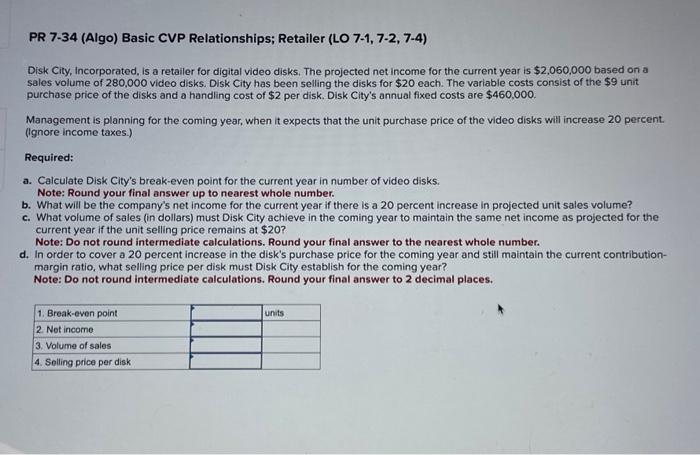 Solved PR 7-34 (Algo) Basic CVP Relationships; Retailer (LO | Chegg.com