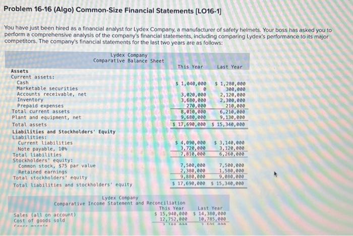 Solved Problem 16-16 (Algo) Common-Size Financial Statements | Chegg.com