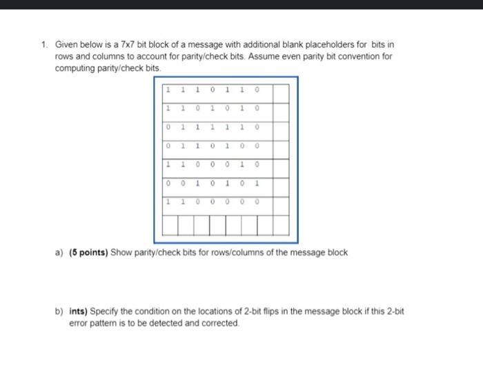 Solved 1. Given below is a 7x7 bit block of a message with | Chegg.com