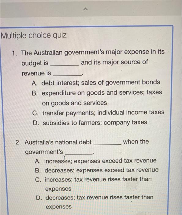 Solved Multiple choice quiz 1. The Australian government's | Chegg.com
