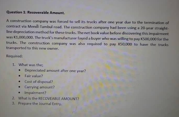 Solved Question 1: Recoverable Amount.A construction company | Chegg.com