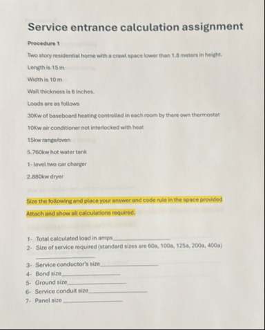 Solved Service entrance calculation assignmentProcedure 1Two | Chegg.com