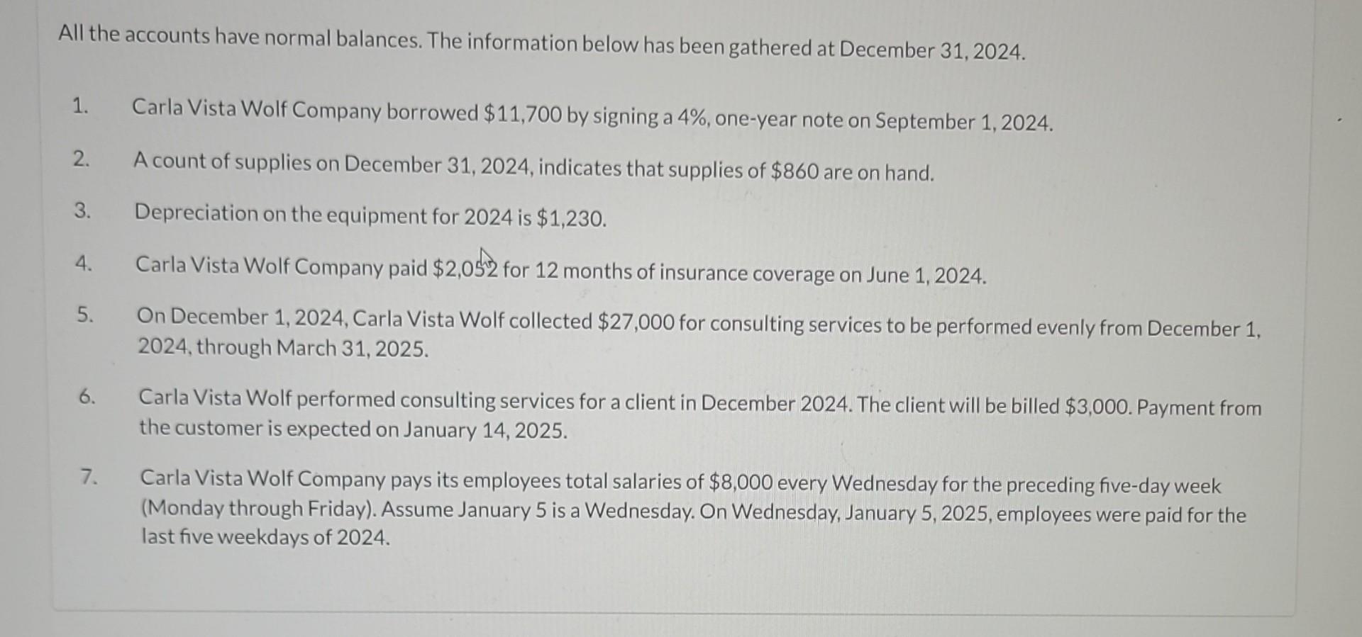 Solved Carla Vista Wolf Company has the following balances | Chegg.com
