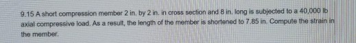 Solved 9.15 A short compression member 2 in. by 2 in. in | Chegg.com