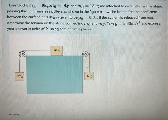 Solved Three blocks mA=9 kg,mB=9 kg and mC=18 kg are | Chegg.com