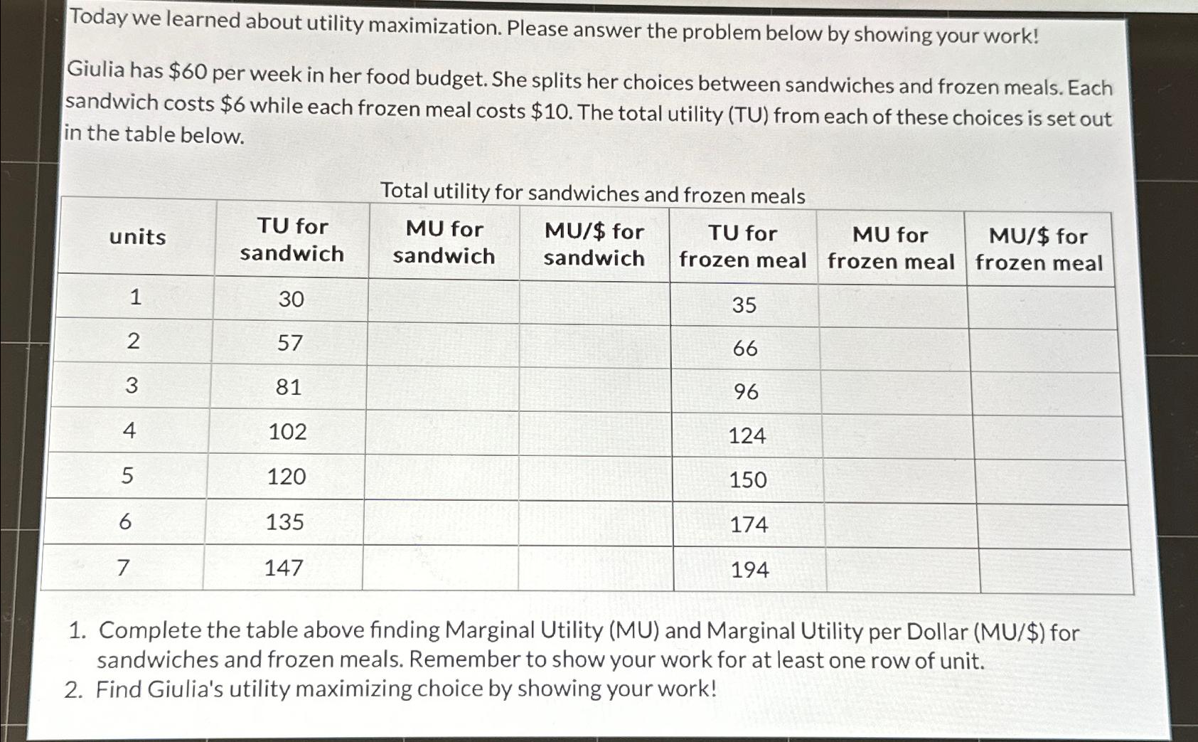 Solved Today we learned about utility maximization. Please | Chegg.com
