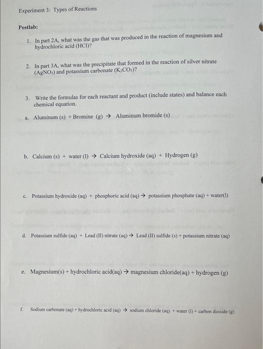 Solved Experiment 3: Types of Reactions B. Writing Balanced | Chegg.com