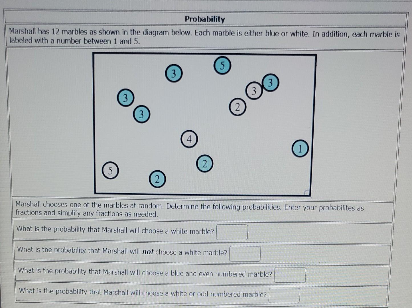 Solved Marshall has 12 marbles as shown in the diagram | Chegg.com