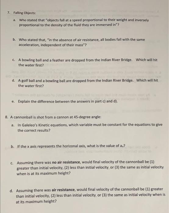 Solved 7. Falling Objects: a. Who stated that "objects fall | Chegg.com